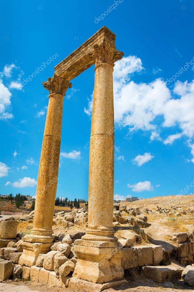 Capped pillars in Jerash Jordan site of an ancient Roman ruin Stock ...