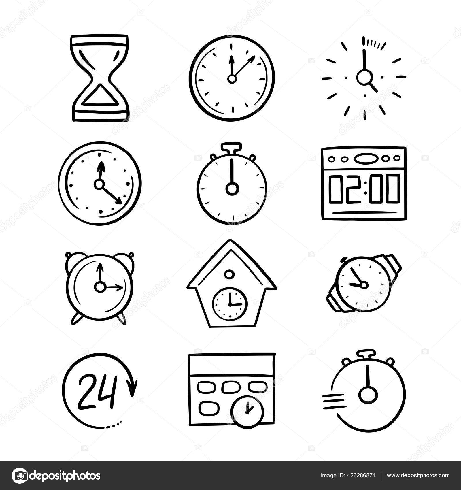 Funny Hand Drawn Doodle Time Icons Set Flat Vector Illustration Stock ...