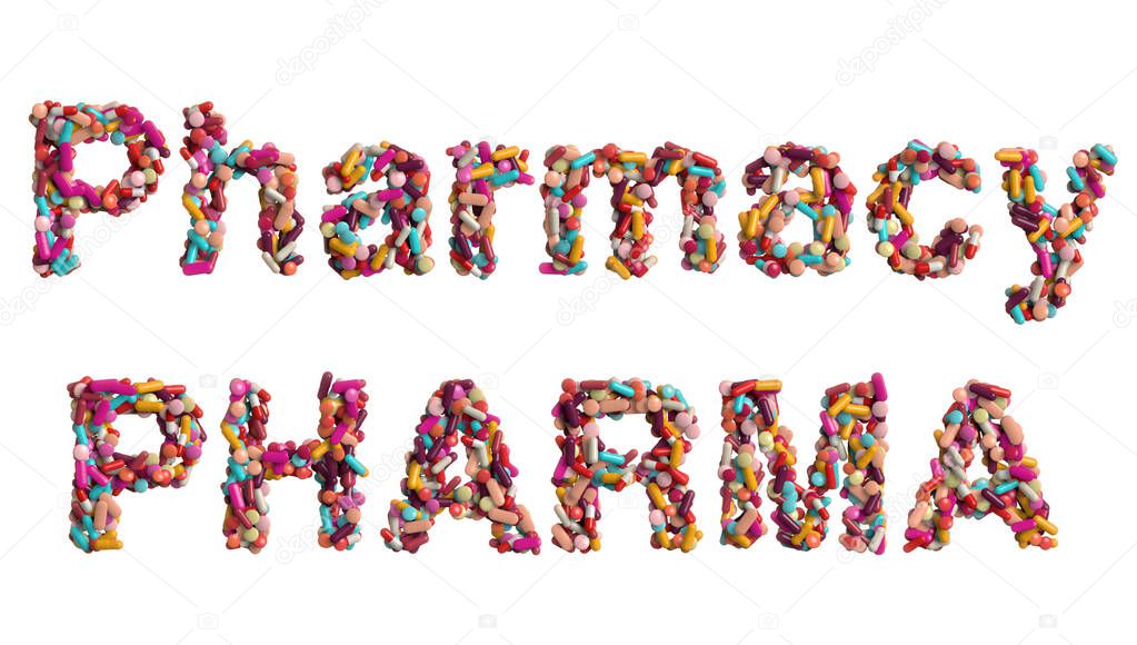farmacia, alfabeto 3d, Palabras hechas de píldoras, ilustración 3d 2025