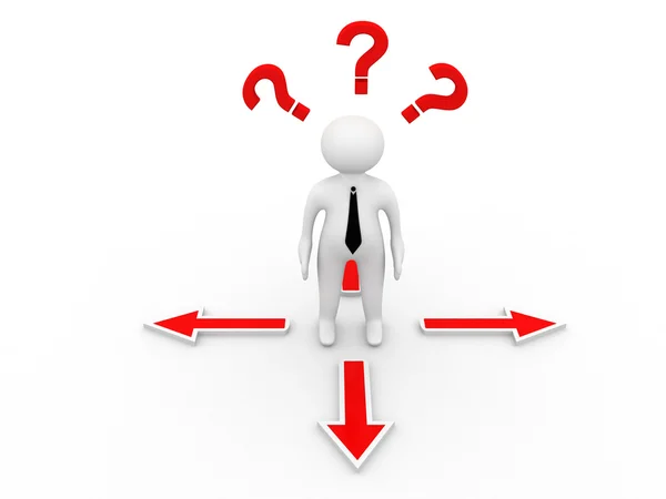3d man thinking and confusing with three red arrows showing three different directions wondering ...