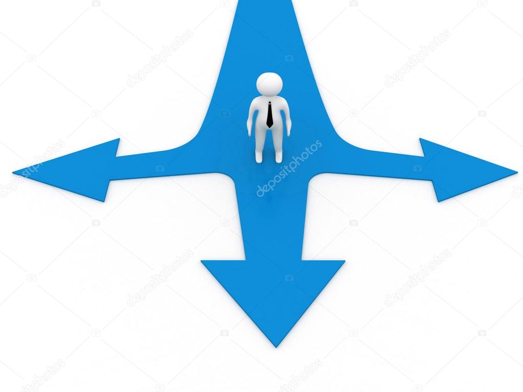 3d man thinking and confusing with three red arrows showing three ...