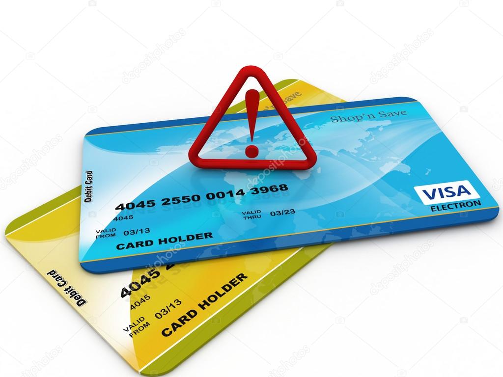 Exclamation sign on a stack of debit cards — Stock Editorial Photo ...