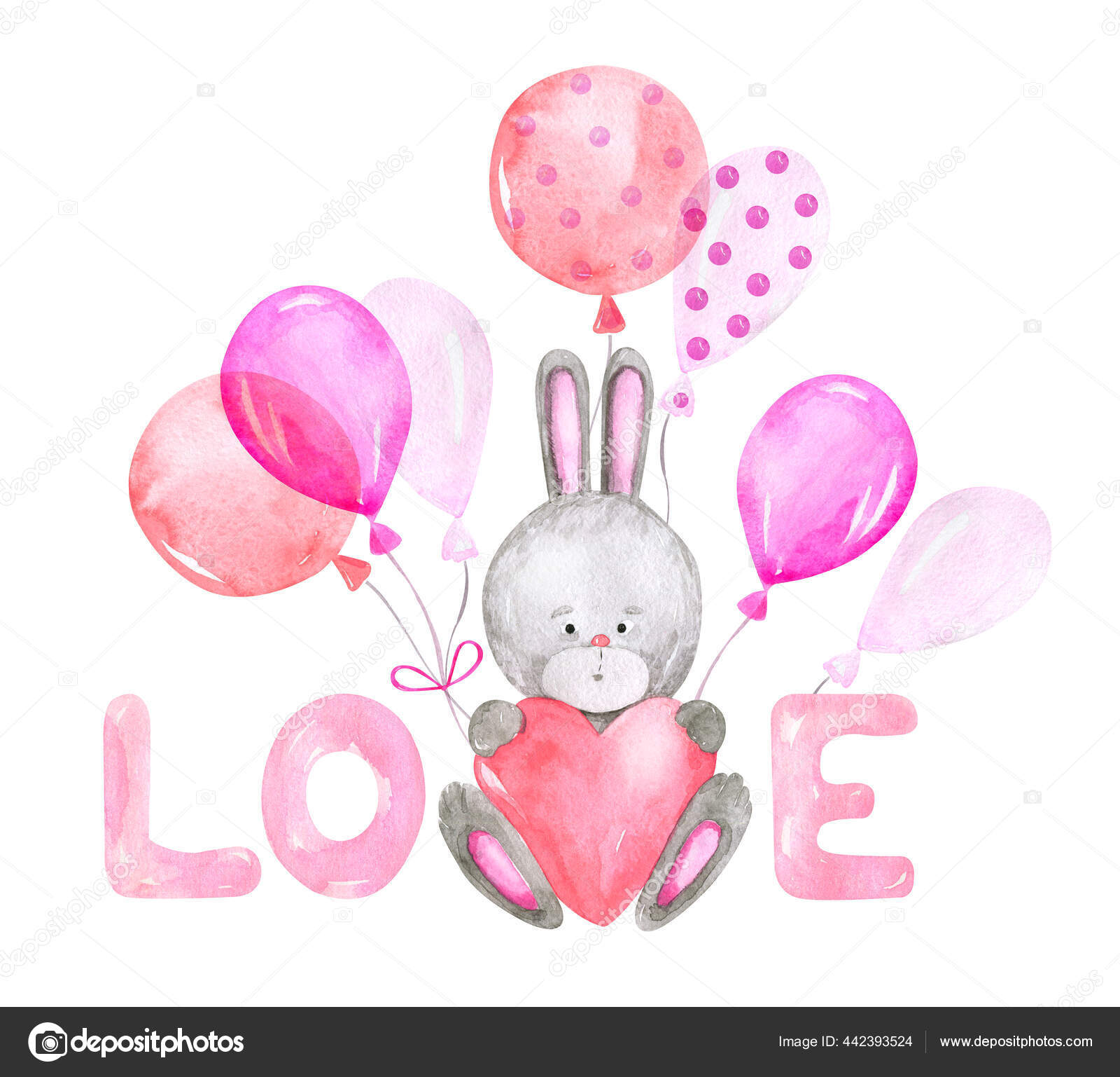 Love Bunny Valentines Day clipart Cartoon character watercolor ...