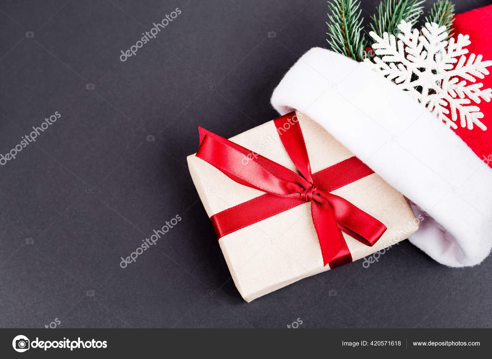 Top View Gift Santa Hat Decorative Snowflake Pine Branch Black — Stock ...