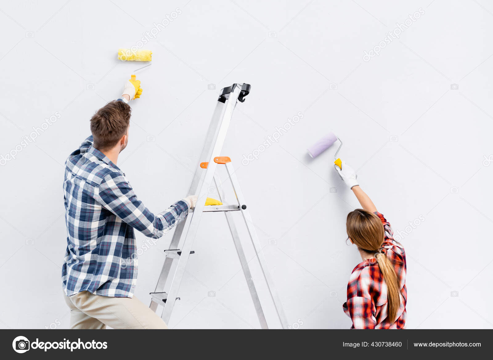 Back View Young Couple Rollers Painting Wall Ladder Isolated White ...