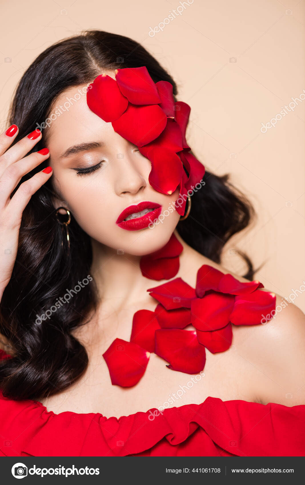 Pretty Young Woman Closed Eyes Petals Red Rose Face Isolated Stock ...