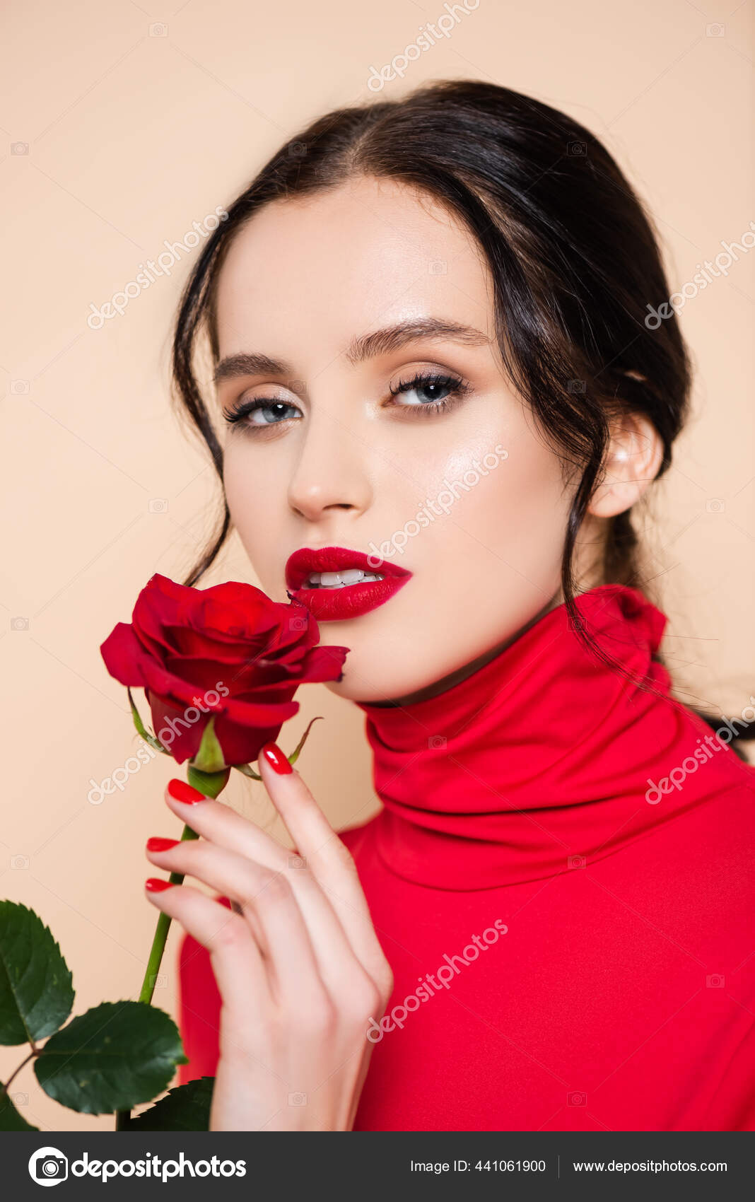 Sensual Woman Red Lips Holding Red Rose Looking Camera Isolated Stock