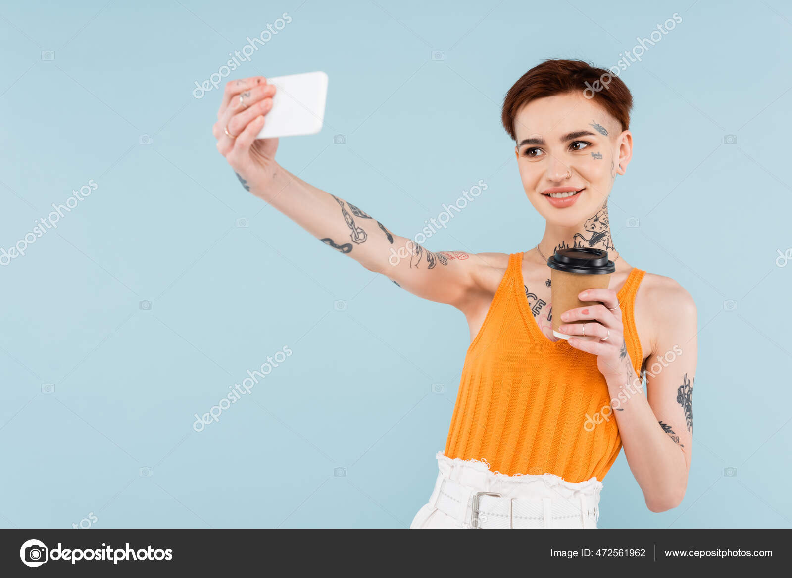 Smiling Tattooed Woman Taking Selfie Smartphone While Holding Coffee