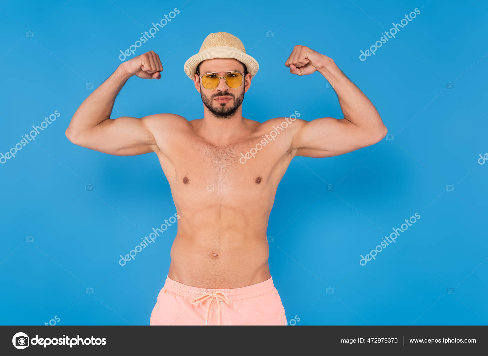 Shirtless Man Sunglasses Showing Muscles Blue Background Stock Photo by ...