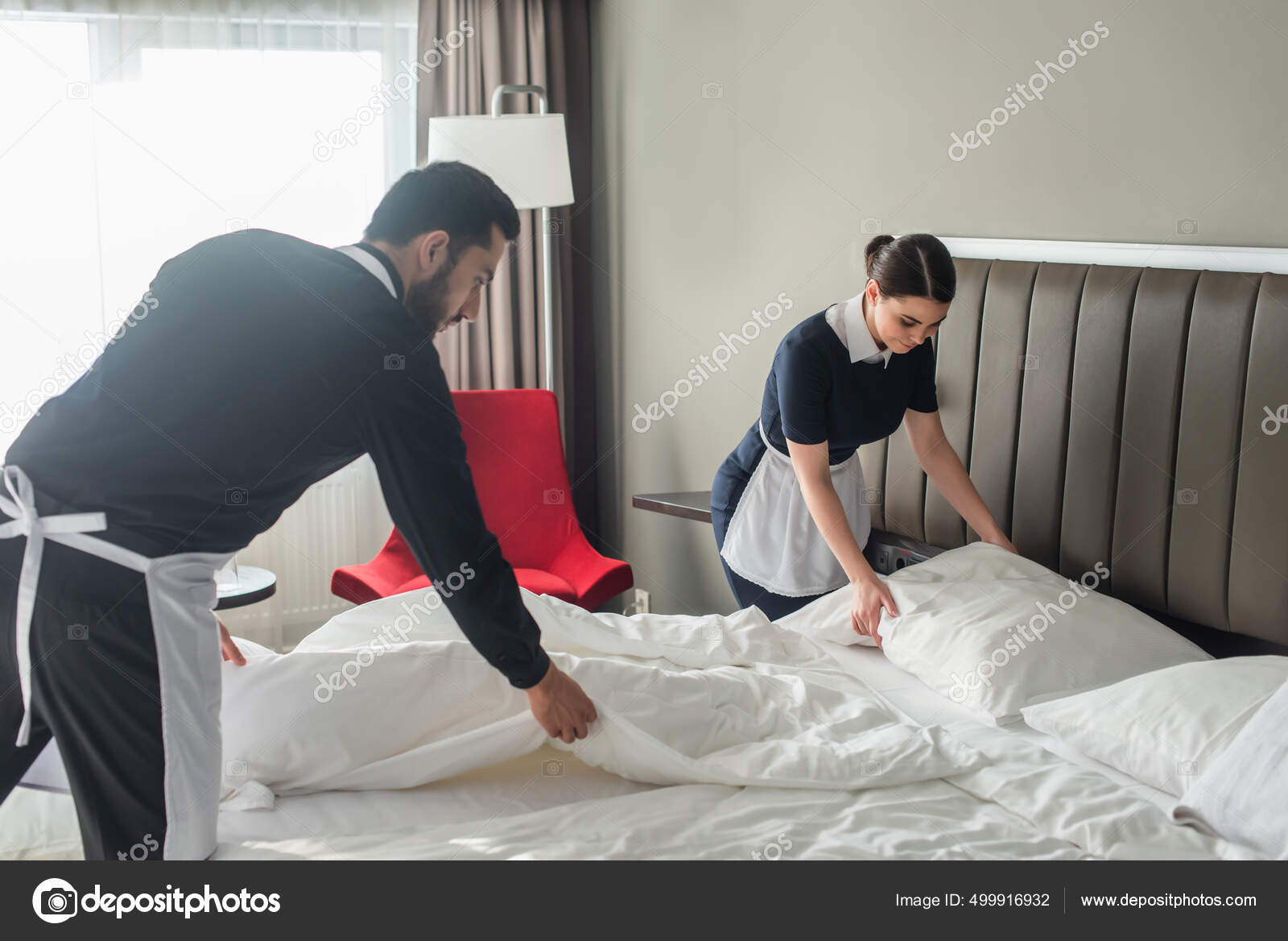 Housekeepers Changing Bedding Modern Hotel Room — Stock Photo ...
