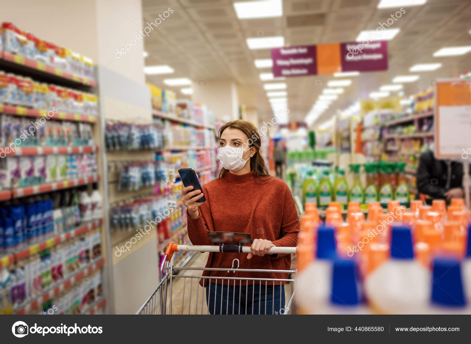 Beautiful Woman Wearing Protective Disposable Mask Shopping Mall New ...