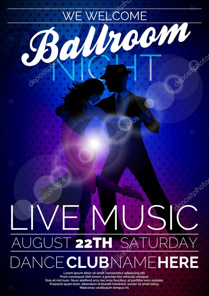 Vector Ballroom Night Party Flyer design with couple dancing tango on ...