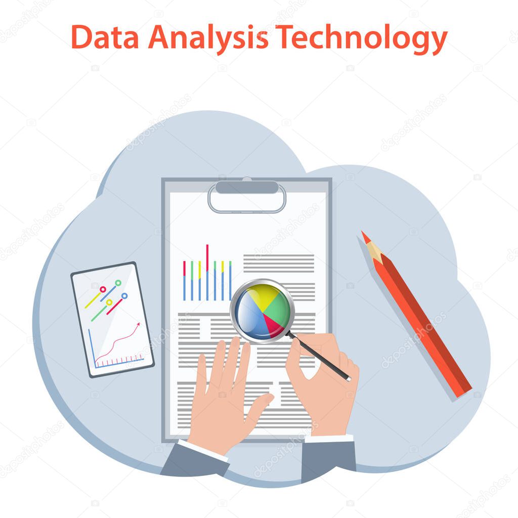 An lisis de datos - en blanco con s mbolos gr ficos, smartphone, manos, lupa, - vector. Tecnolog ...