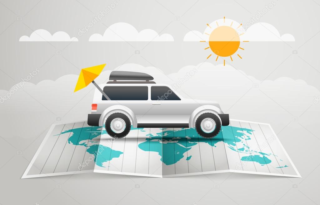 World map with the car. Vector infographic elements. Summer vaca Stock ...