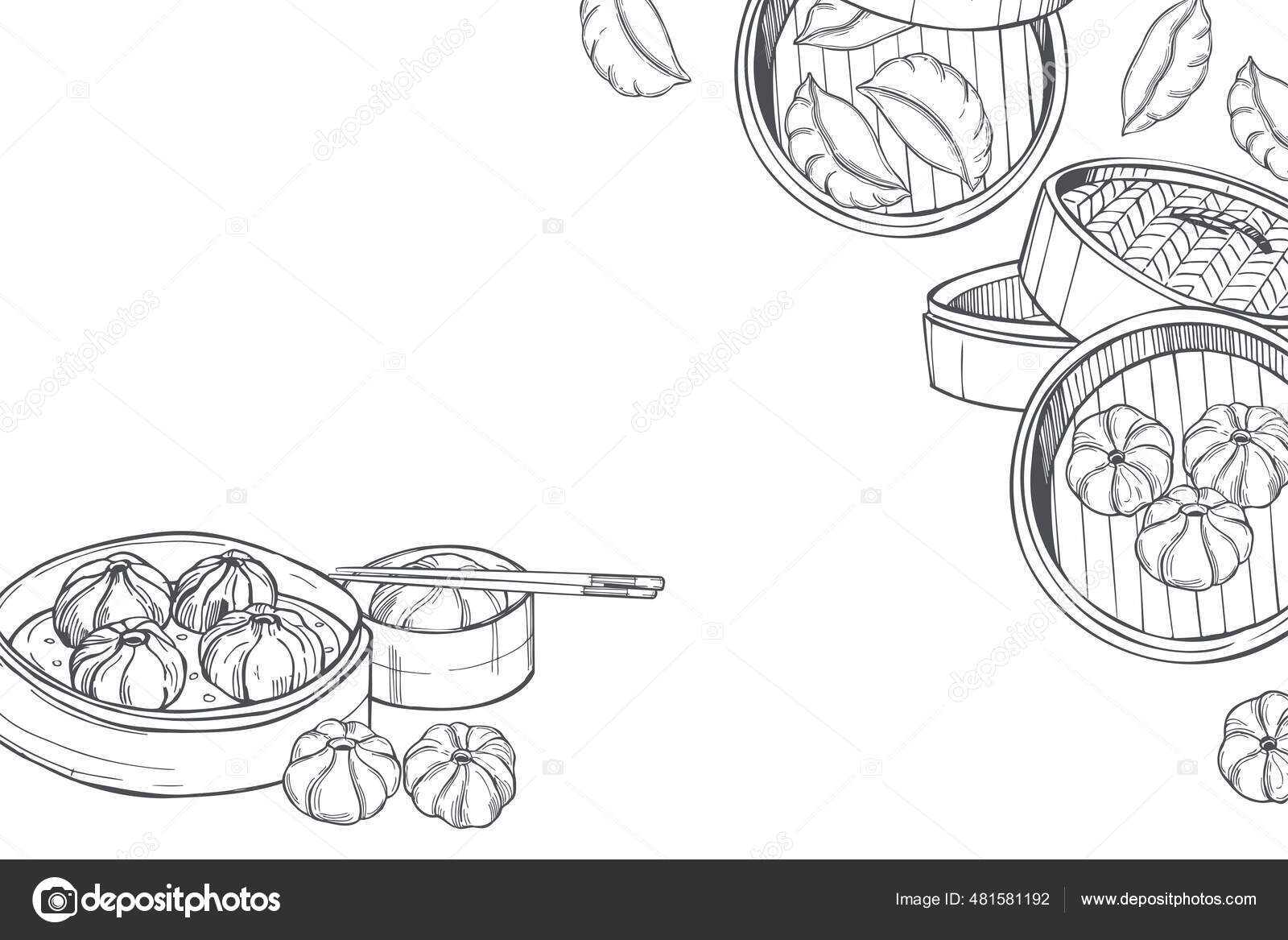 Hand Drawn Dim Sum Set Vector Background Sketch Illustration Stock ...