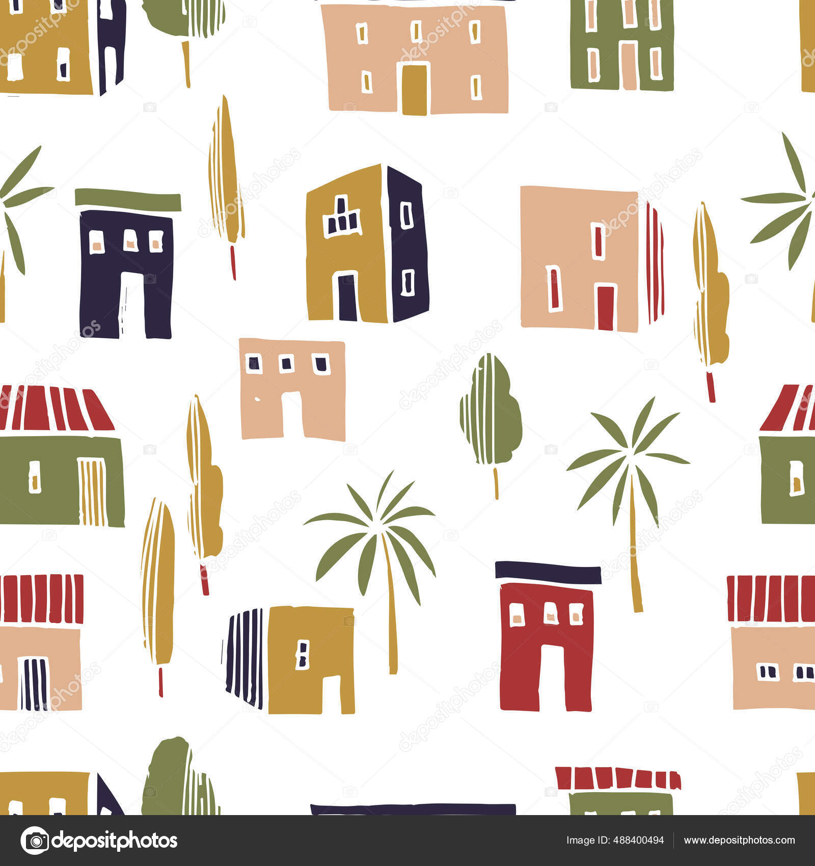 Hand Drawn Houses Trees Palms Vector Seamless Pattern Stock Vector ...
