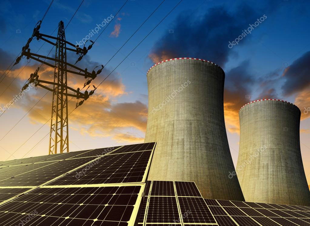 Solar energy panels, nuclear power plant and electricity pylon — Stock ...