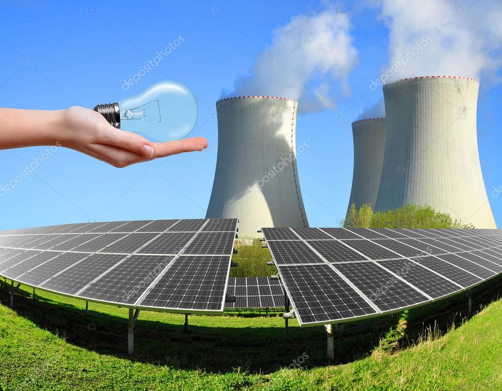 Solar energy panels with nuclear power plant Stock Photo by ©vencav ...