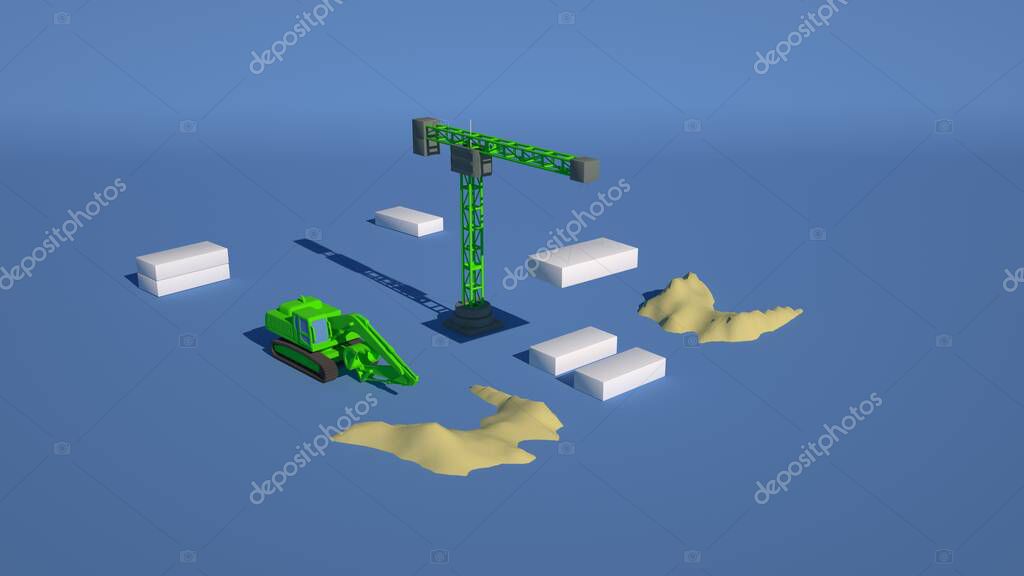 Excavadora y gr a trabajando en un sitio de construcci n, elementos de dise o arquitect nico de ...