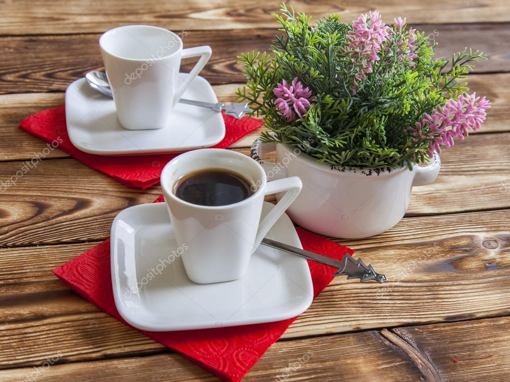 Two cups of coffee of espresso on a wooden table — Stock Photo ...