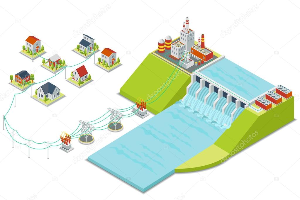 Hydro power plant. 3D isometric electricity concept Stock Vector Image ...