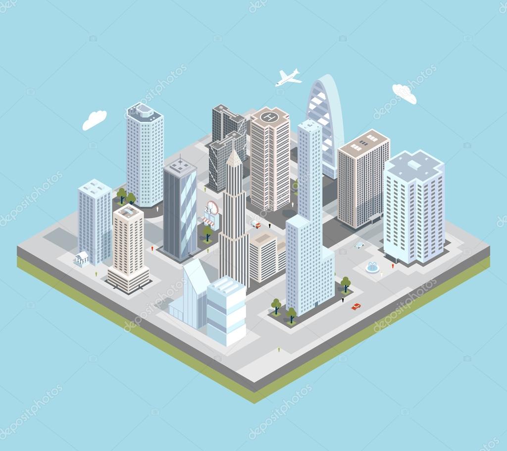 Vector isometric urban city center map with buildings, shops and roads ...
