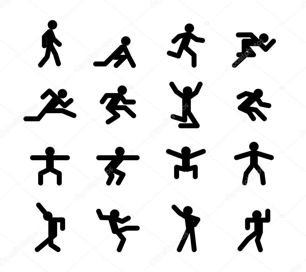 Human action poses. Running walking, jumping and squatting, dancing ...