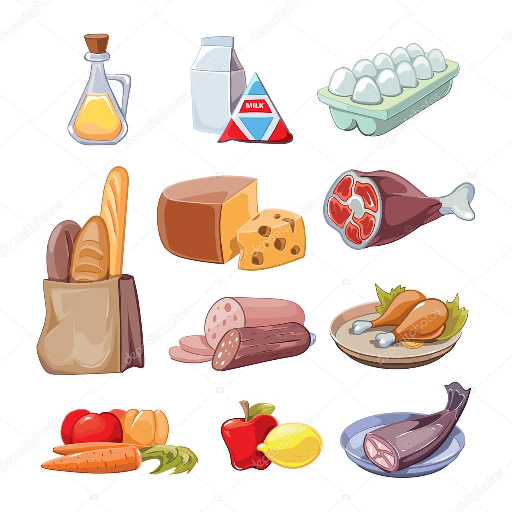Productos alimenticios comunes de uso diario. Iconos de dibujos ...