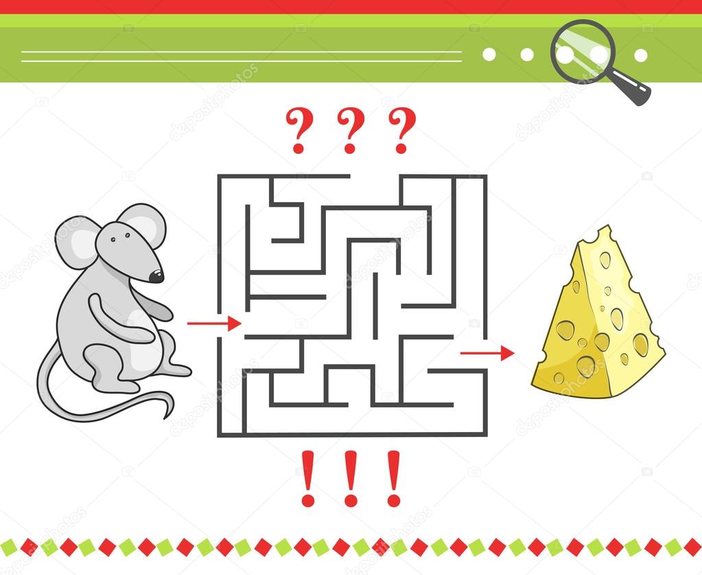 Labyrinth or maze game for children with cartoon vector mouse character ...