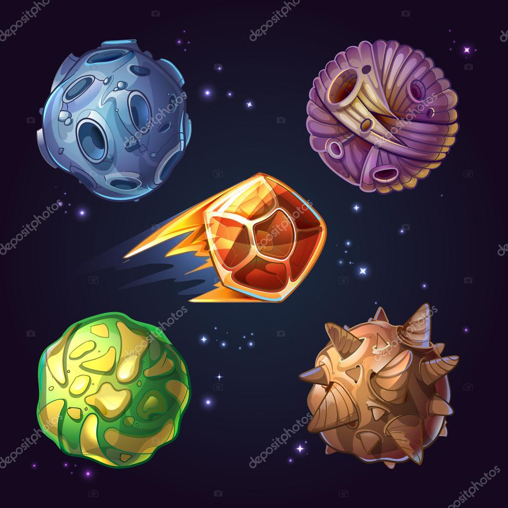 Fantastic planets, moons, asteroid sci-fi starry space background ...