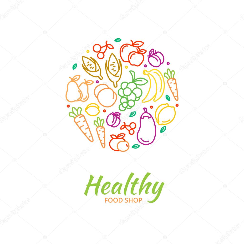 Logo de la tienda de alimentos saludables con iconos de frutas y ...