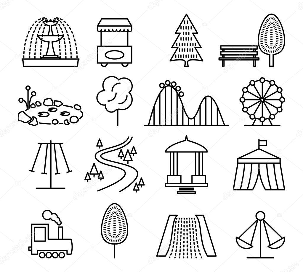 Park landscape and amusement line icons vector set — Stock Vector ...