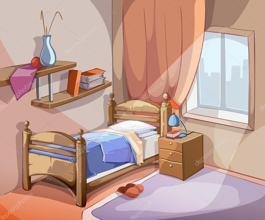 Interior del dormitorio en estilo de dibujos animados. Ilustración ...