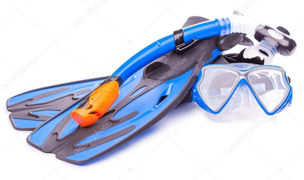 Blue diving goggles,snorkel and flippers. isolated — Stock Photo ...