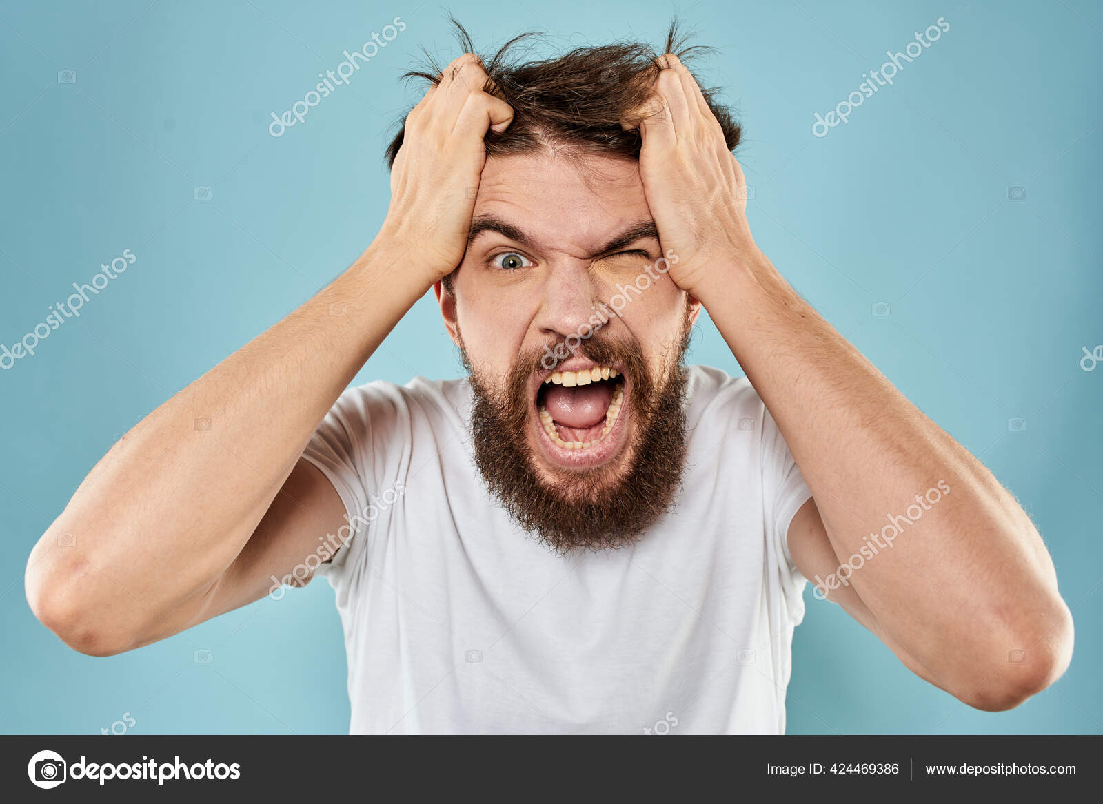 Bearded man emotions facial expression gestures hands close-up blue ...
