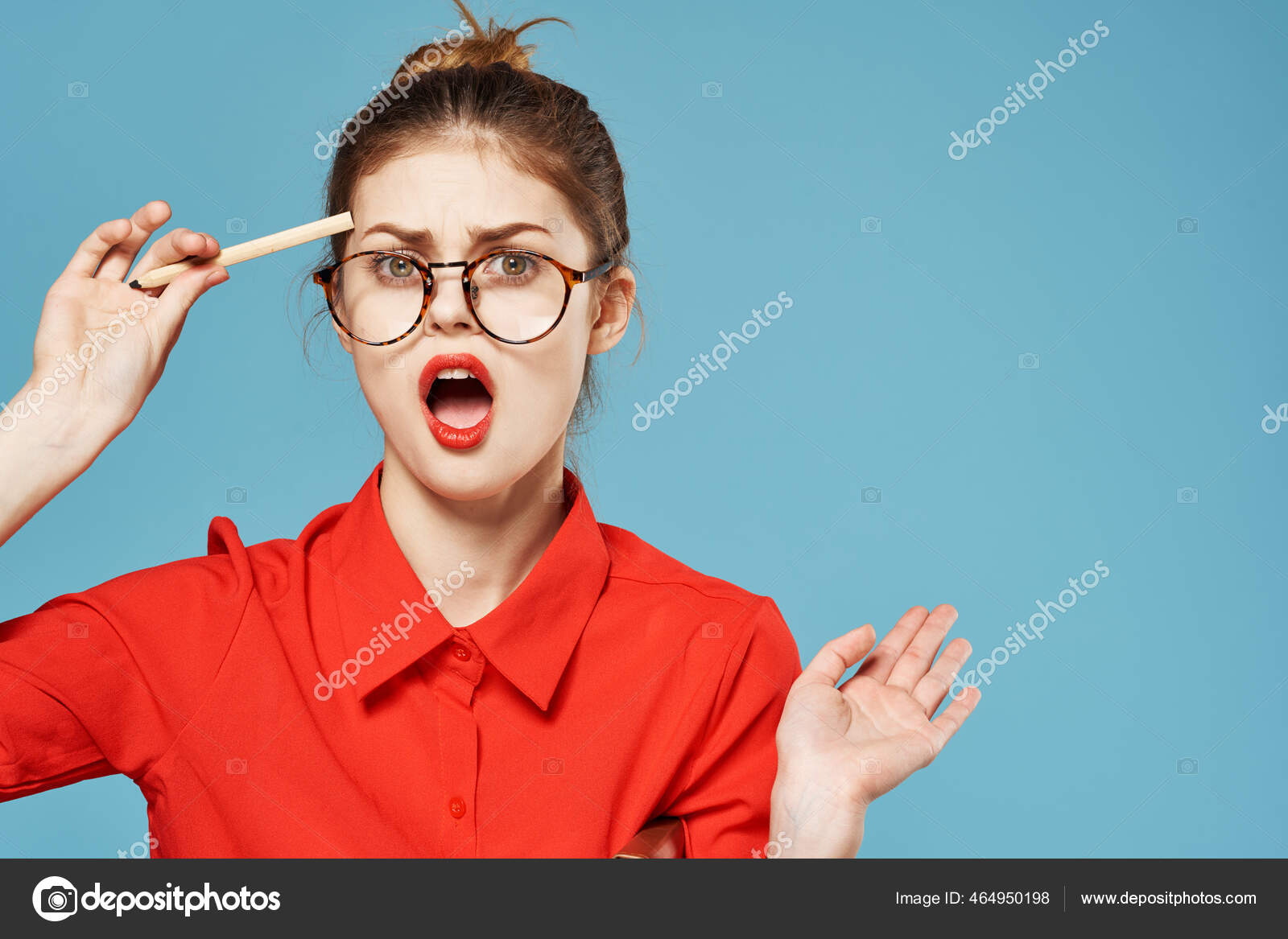 Cheerful business woman wearing glasses red shirt secretary emotions ...