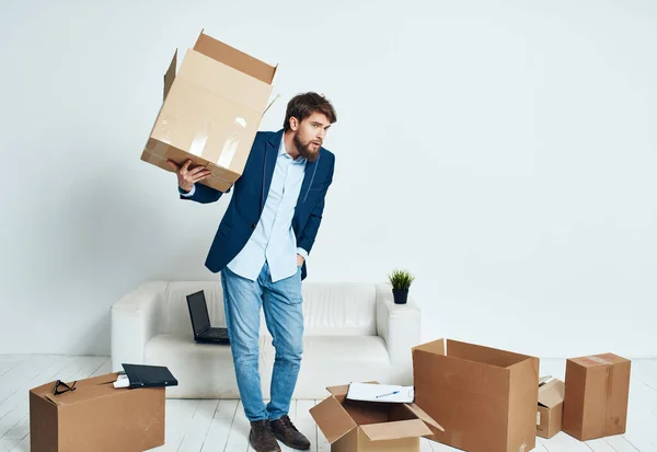 business man office moving new place of work unpacking official - Stock ...
