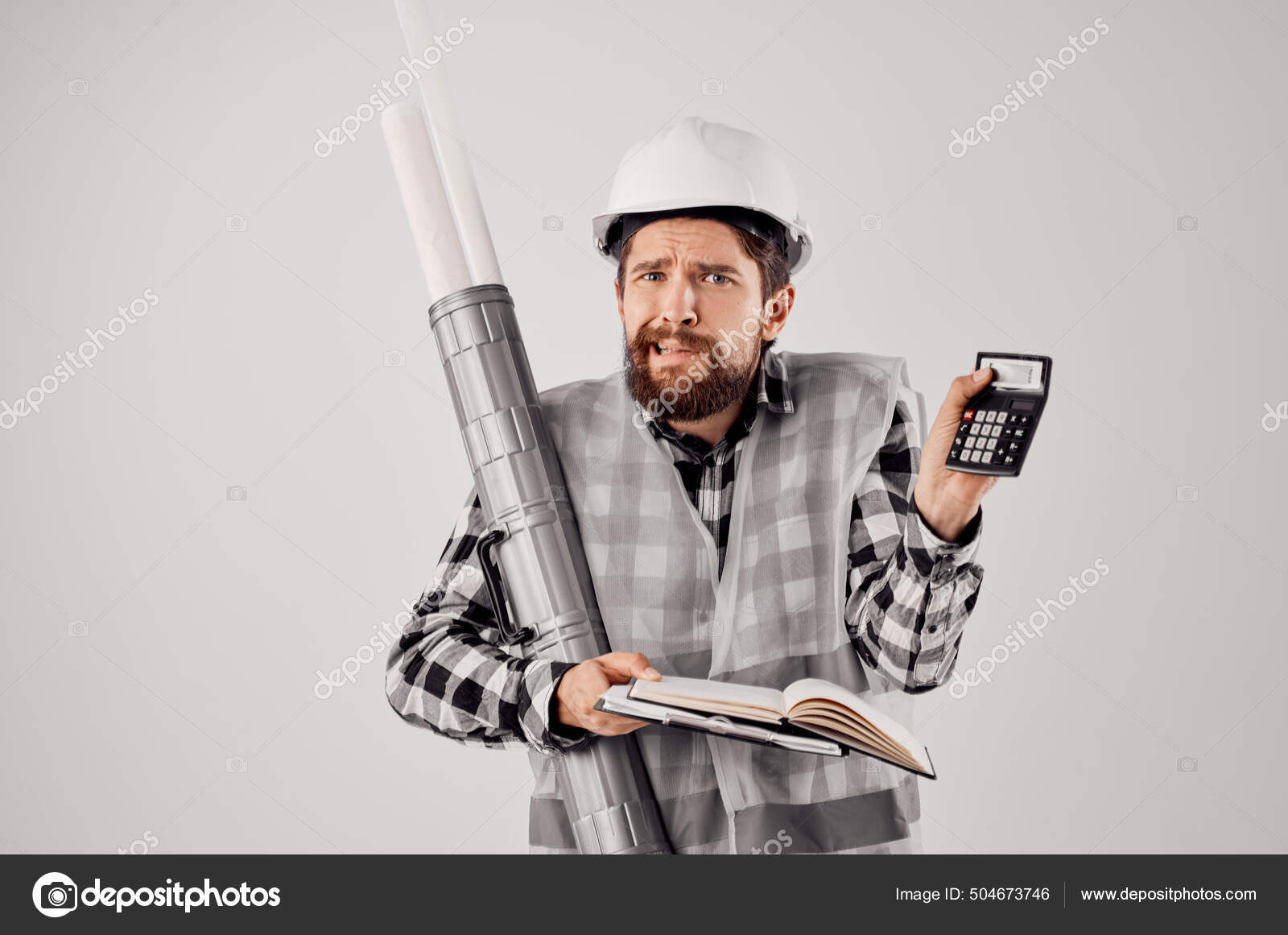 Male builder construction work design profession light background ...