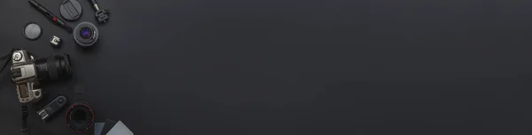 Banner. Photographer work place with dslr camera system, camera ...