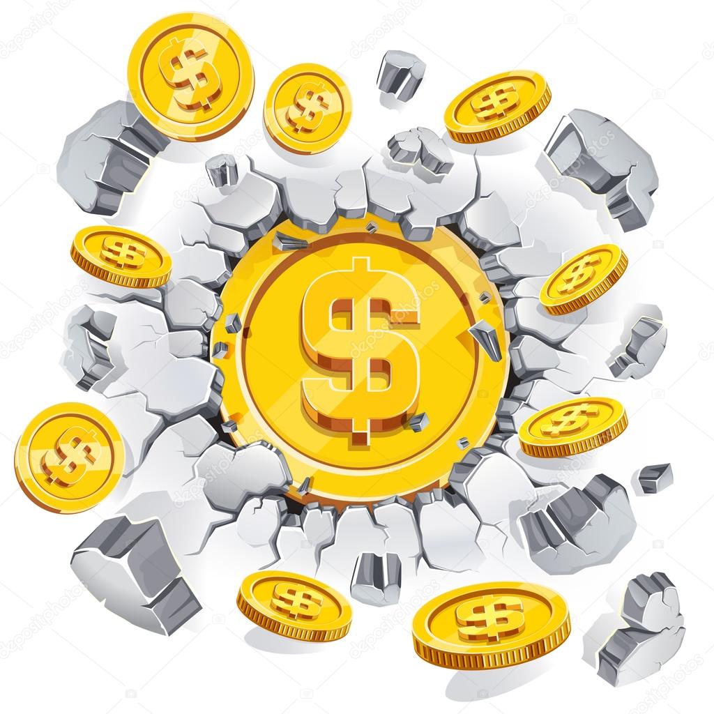 The gold dollar coin breaking through the concrete wall. Stock Vector ...