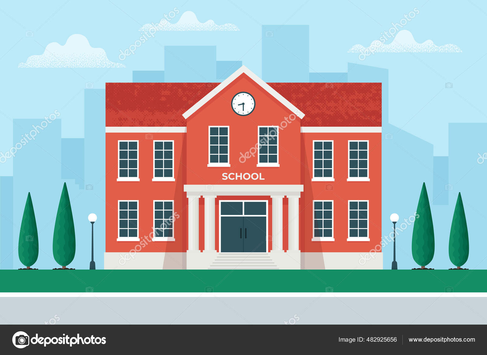 School building on city background. Old schoolhouse exterior, return to ...