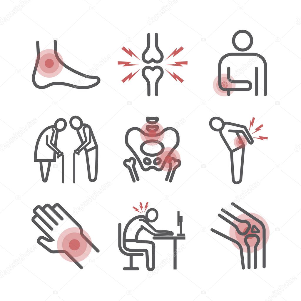 Dolor articular. Conjunto de iconos planos. Signos vectoriales para ...