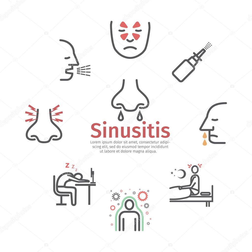 Sinusitis. Síntomas. Juego de iconos de línea. Signos vectoriales para gráficos web 2024