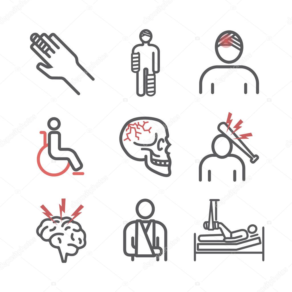 Conjunto de iconos de línea de lesión. Signos vectoriales para gráficos ...