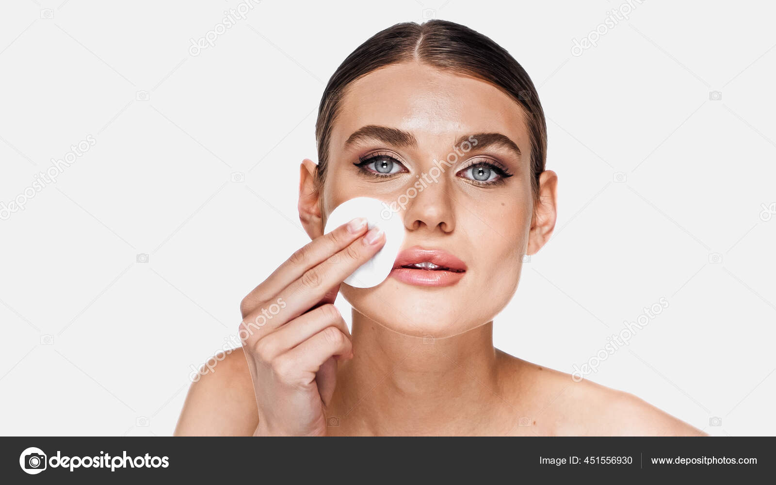 Young Woman Removing Makeup Soft Cotton Pad Isolated White — Stock ...
