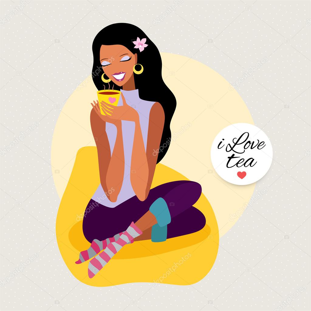 Cartoon Black Woman Sipping Tea