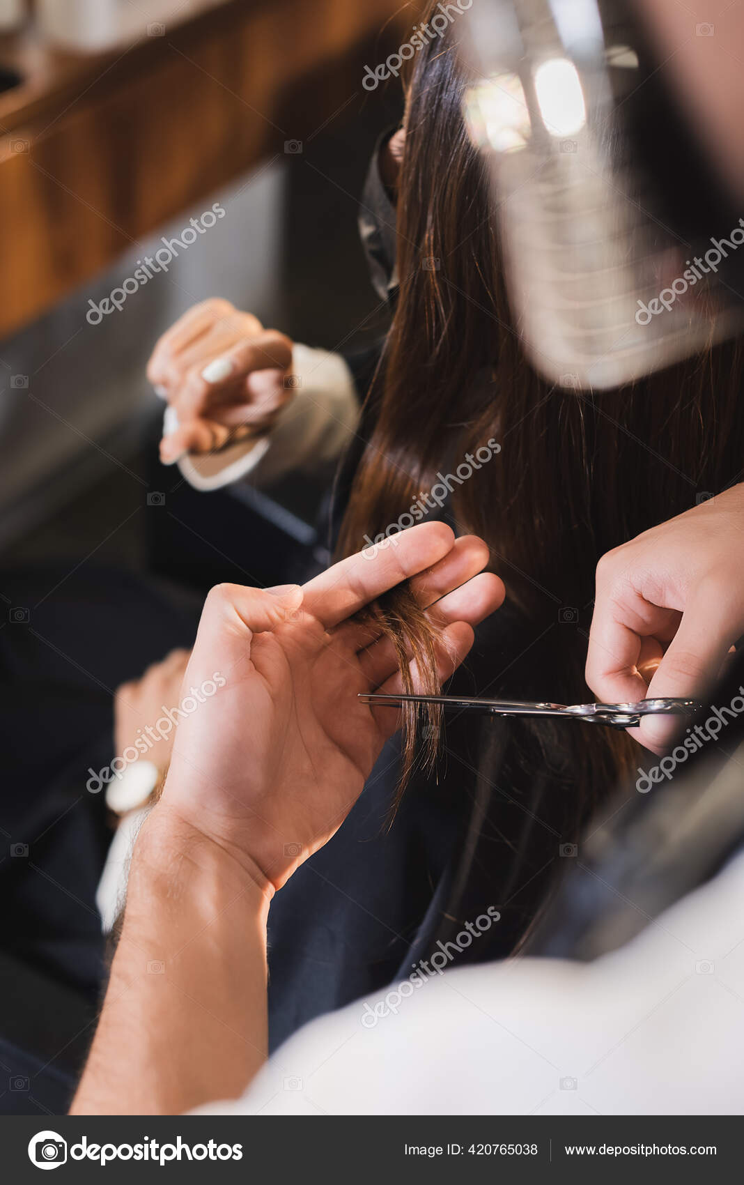 Woman Showing Little Bit Gesture Hairdresser Cutting Her Hair Blurred ... Woman Showing Little Bit Gesture Hairdresser Cutting Her Hair Blurred ...