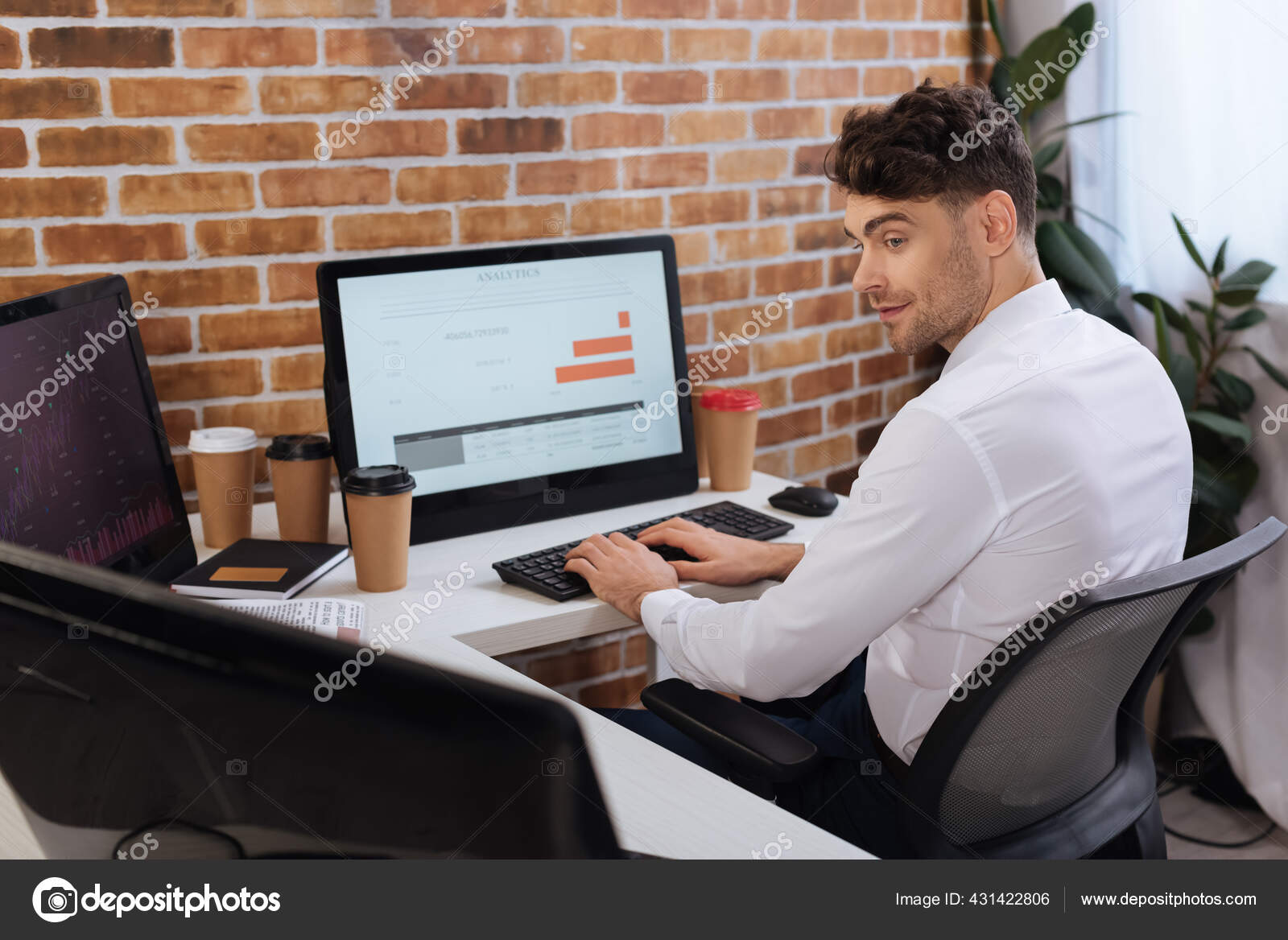 Businessman Using Computers While Analyzing Finance Market Coffee ...