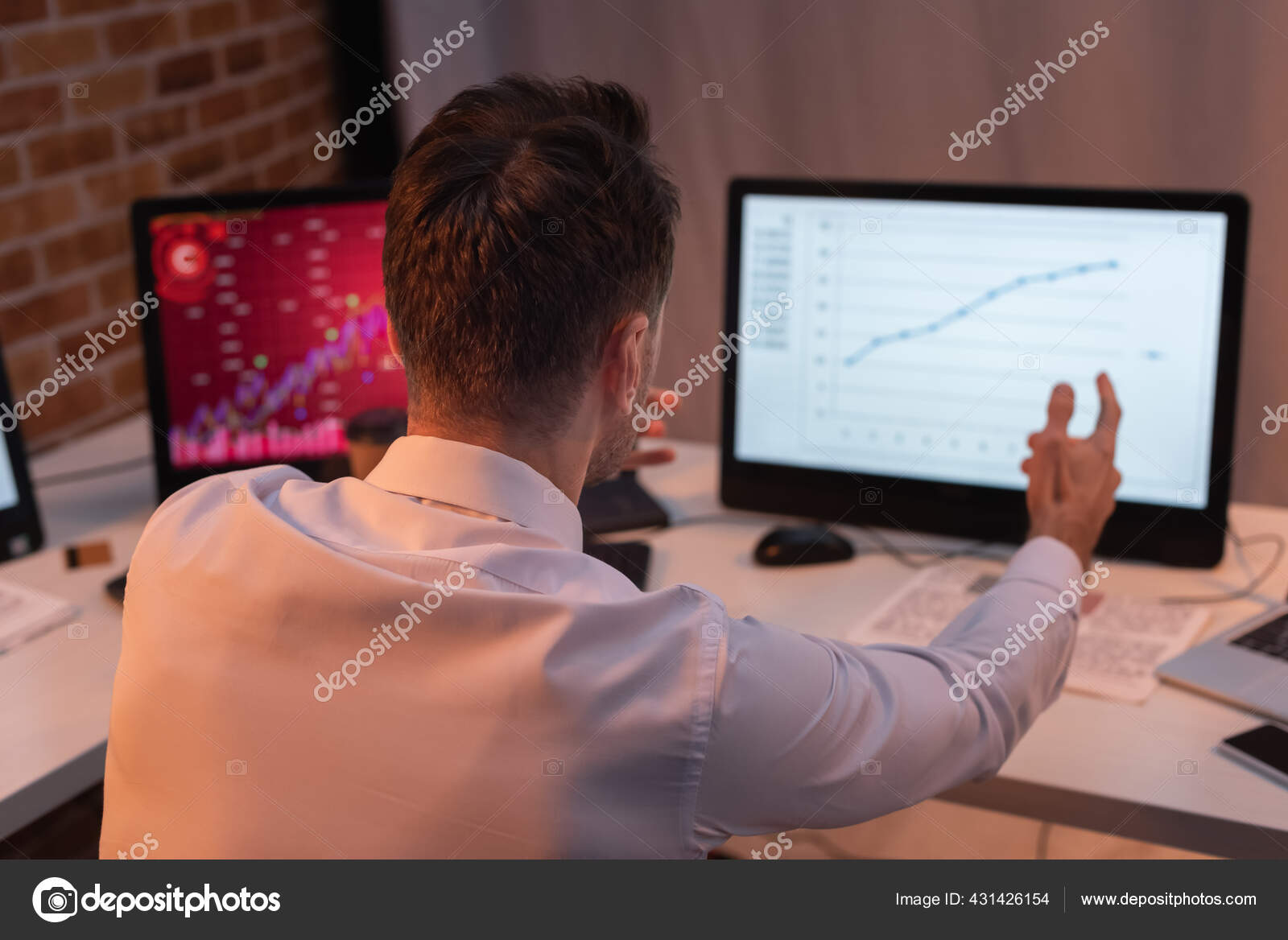 Back View Businessman Pointing Computer Financial Charts Blurred ...