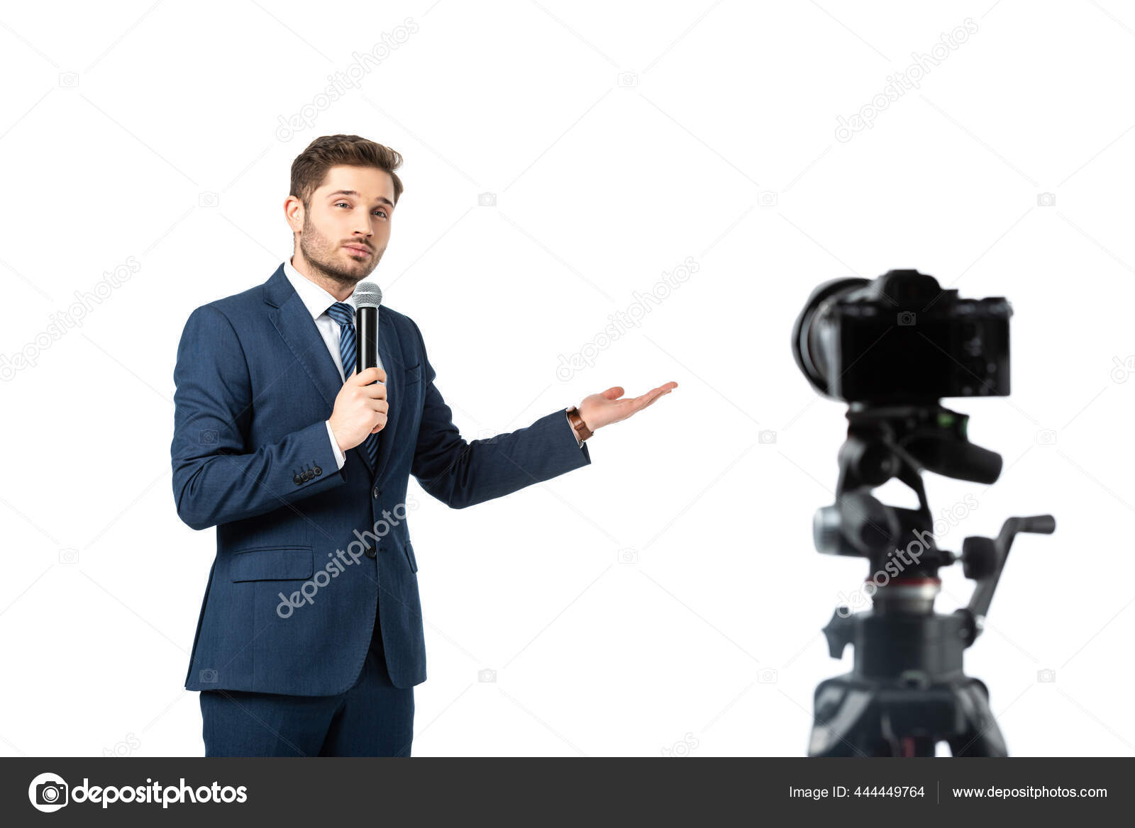 Journalist Microphone Pointing Hand While Looking Digital Camera ...